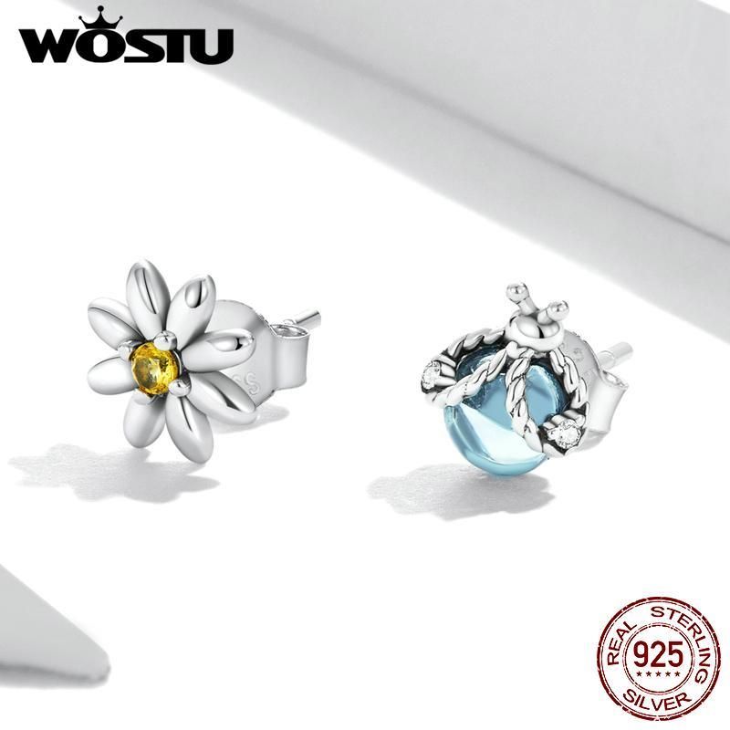 WOSTU 925 Sterling Silver Daisy & Ladybug asymetryczne kolczyki z cyrkonią dla kobiet Trend ...
