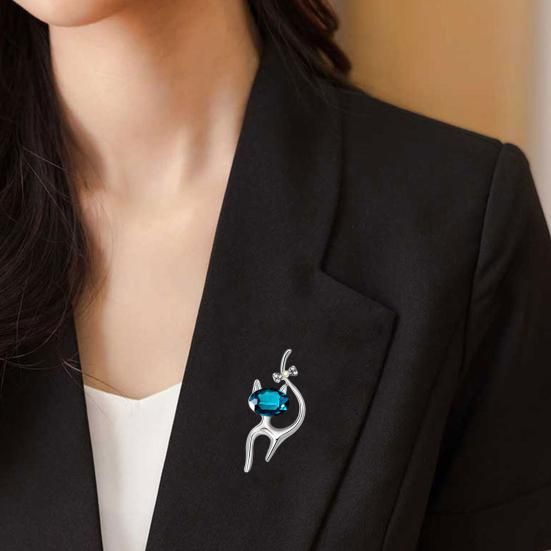 Cute Cat Shape Brooch Shining Rhinestones Inlaid Women Lapel Pin Faux ...