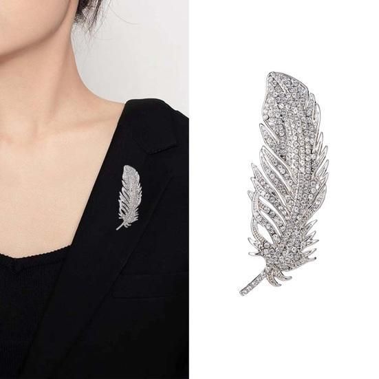 Brooch Feather Shape Rhinestone Decor Clothes Decoration Anti-Rust Anti ...
