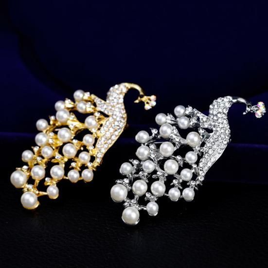 Peacock Shape Rhinestone Faux Pearl Inlaid Women Brooch Pin Scarf Jeans ...