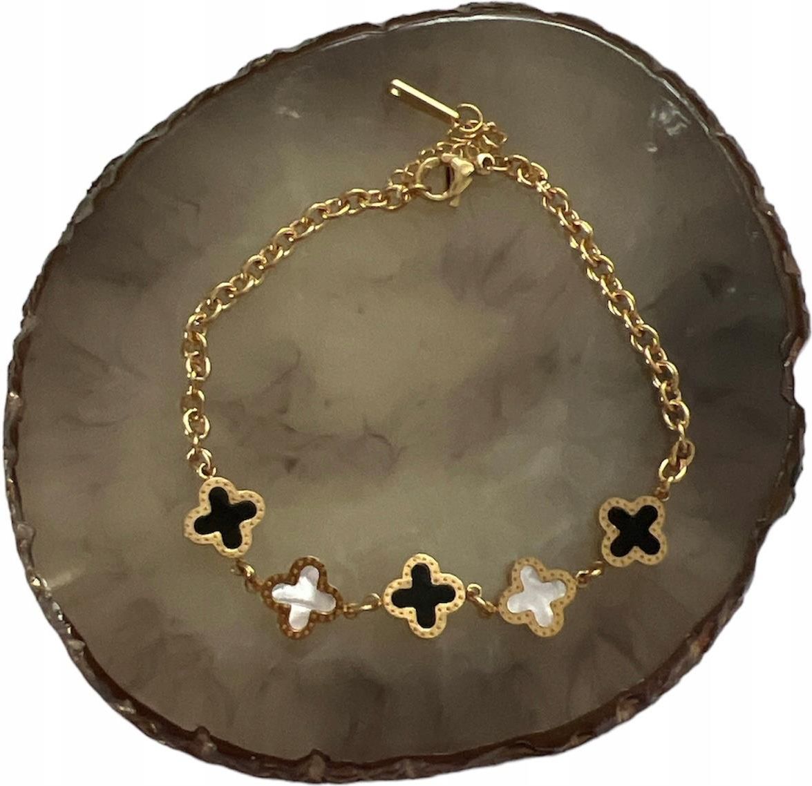 432 Złota bransoletka Koniczyna Marokańska Koniczynka Masa perłowa Stal ...