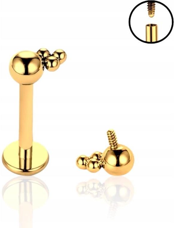 Kolczyk Tytanowy, złoty labret z kuleczkami Lobe Helix Tragus 1,2/8 ...