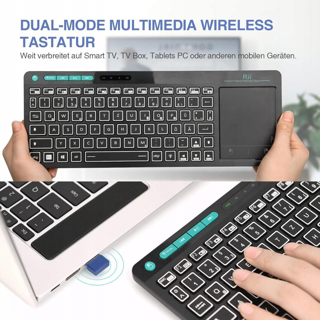 Klawiatura Rii Klawiatura Qwertz Bezprzewodowa Bluetooth Touchpad Led ...