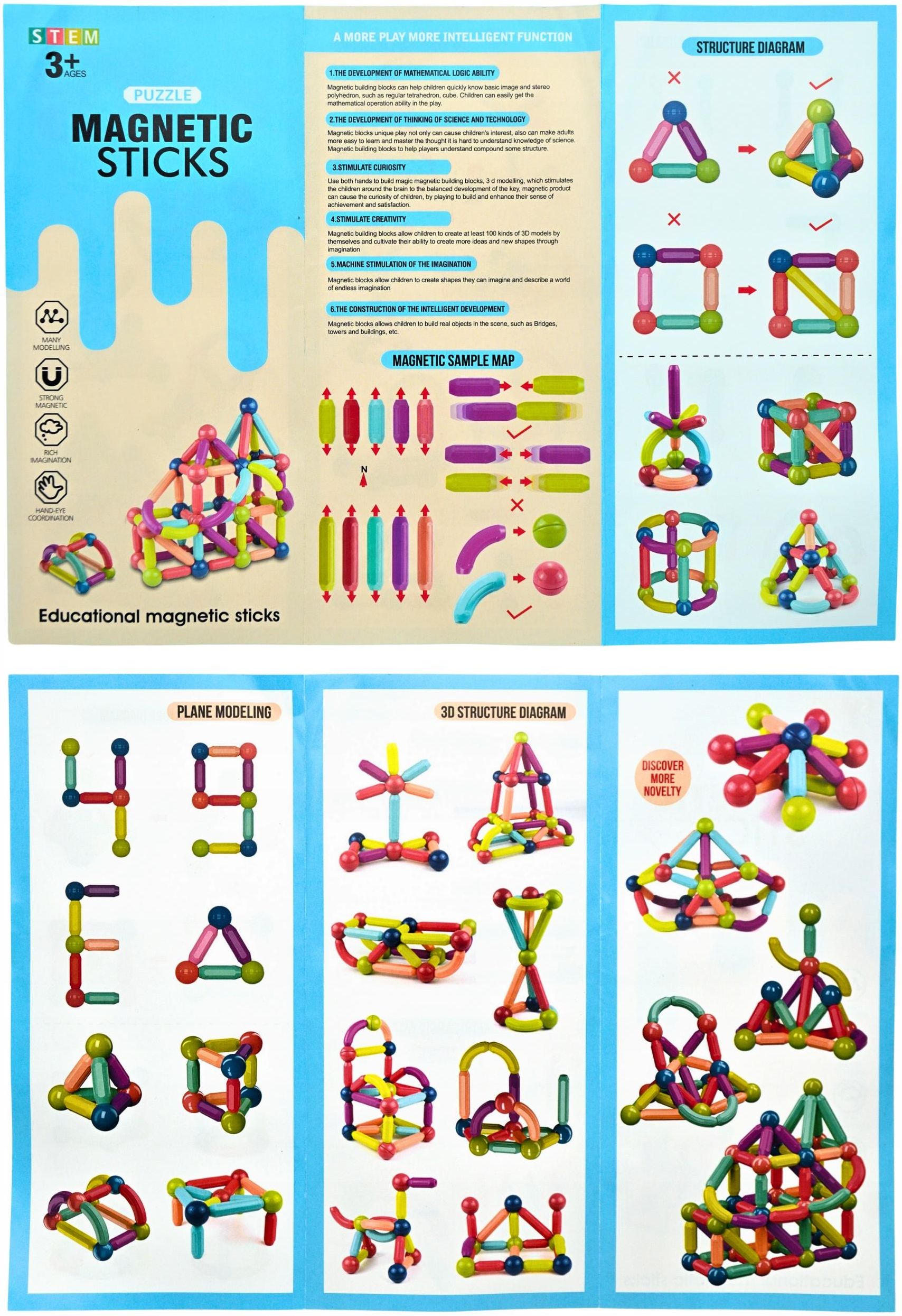 Stem Klocki Edukacyjne Magnetyczne Konstrukcyjne Magnetic Sticks 64El ...