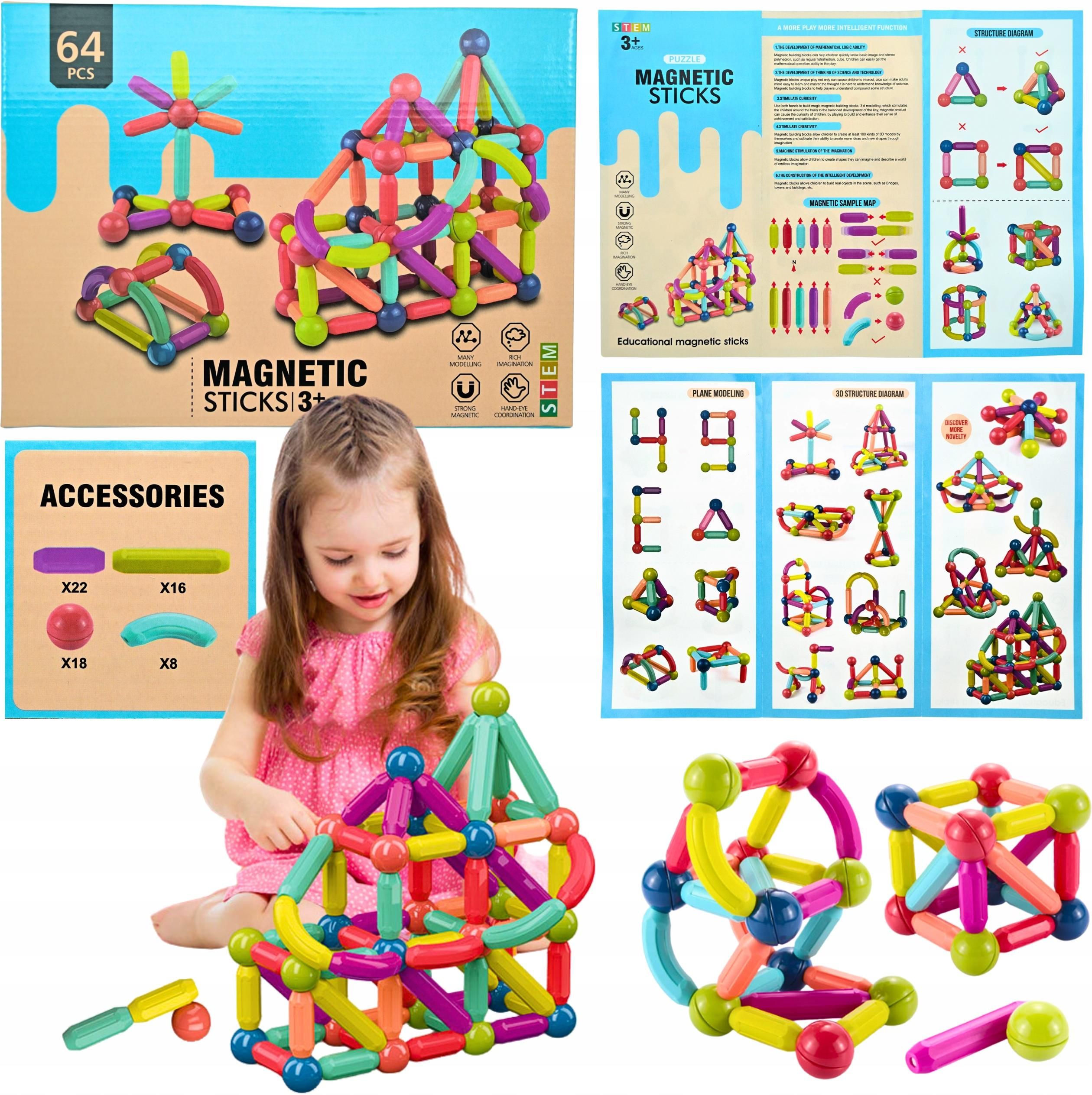 Stem Klocki Edukacyjne Magnetyczne Konstrukcyjne Magnetic Sticks 64El ...