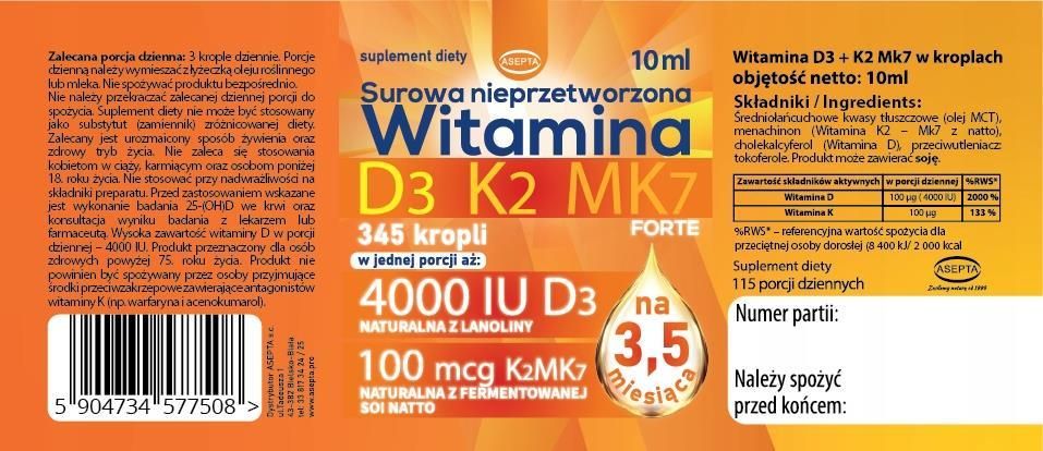 Asepta Witamina D3 + K2 Mk7 Forte 10ml - Opinie i ceny na Ceneo.pl