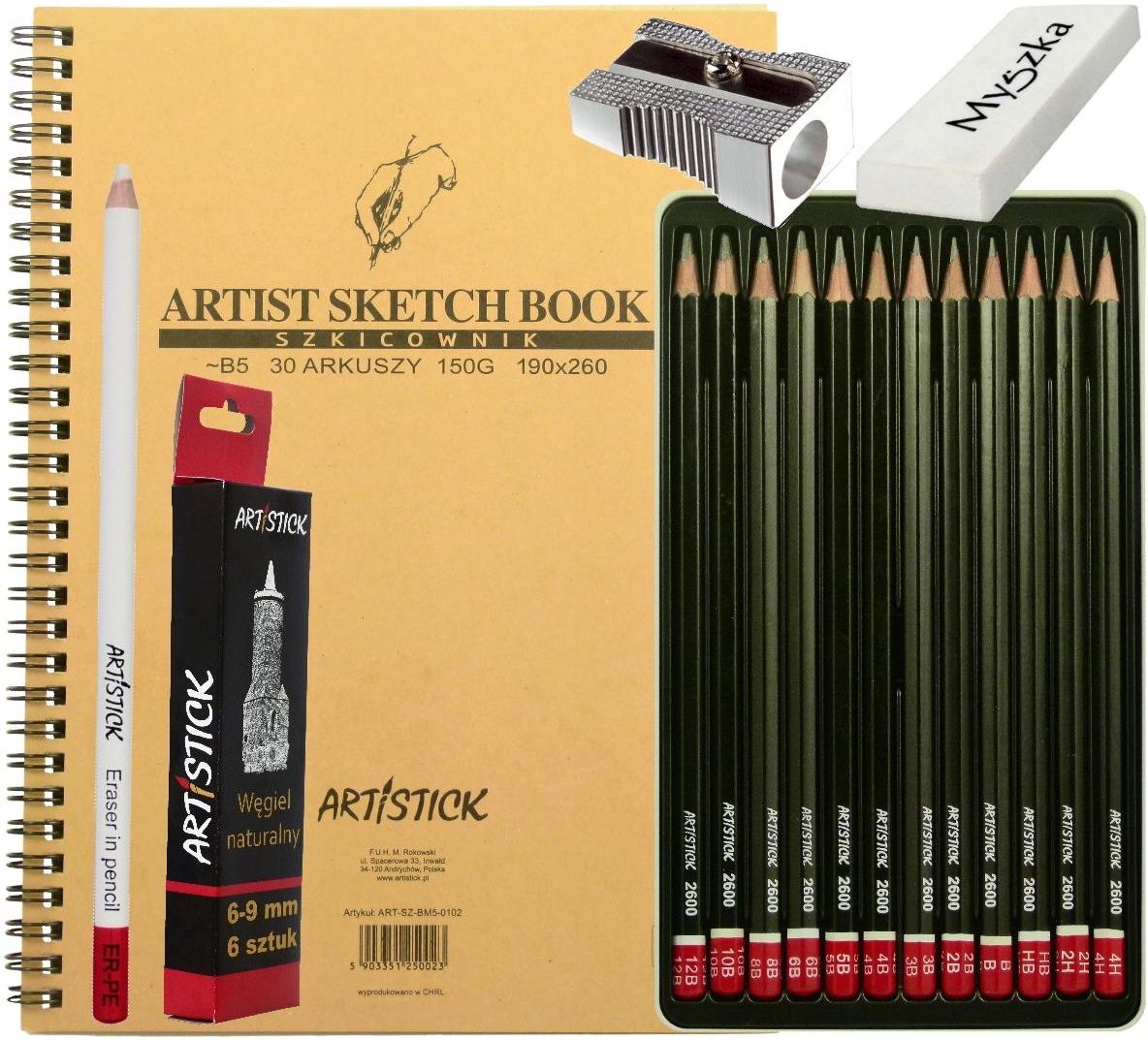 Artistick Szkicownik B5 Ołówki 4H-B12 Węgiel Gumka - Ceny i opinie ...