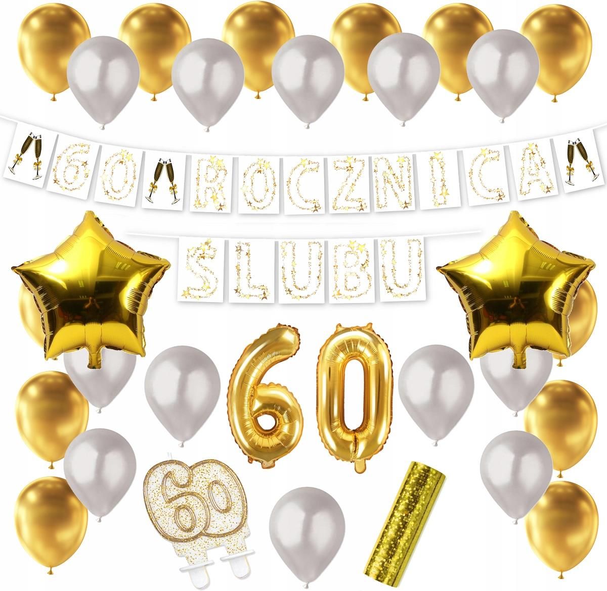 Zestaw Balony 60 Rocznica Ślubu Złotadiamentowe Gody Złoty Perłowy ...