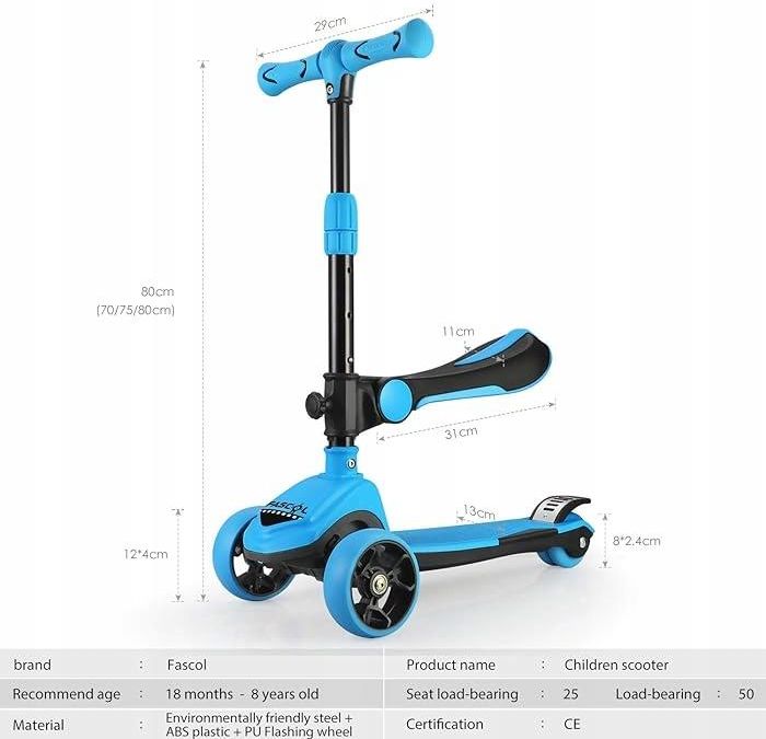 Fascol Hulajnoga Dziecięca Składana 2W1 Z Siedziskiem Niebieska - Ceny ...