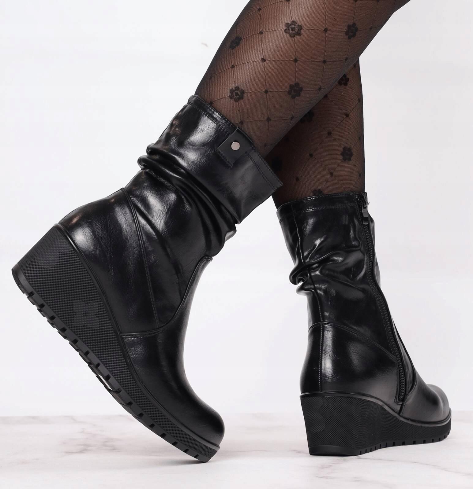 Botki Damskie Jezzi Czarne Obcas Koturna Ocieplane Buty Zimowe ASA207-5 ...