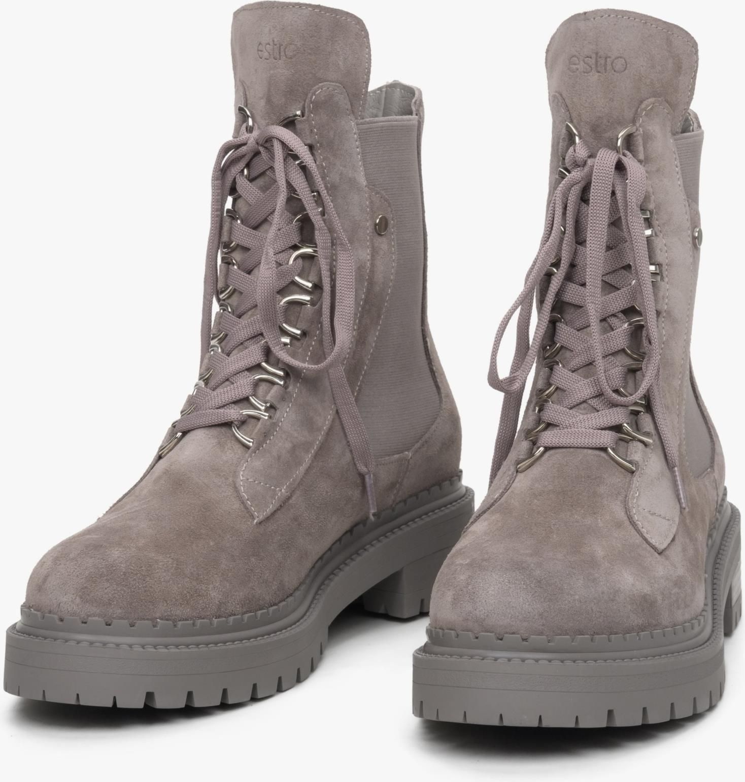 Szare sznurowane botki damskie z weluru naturalnego Estro ER00114044 ...