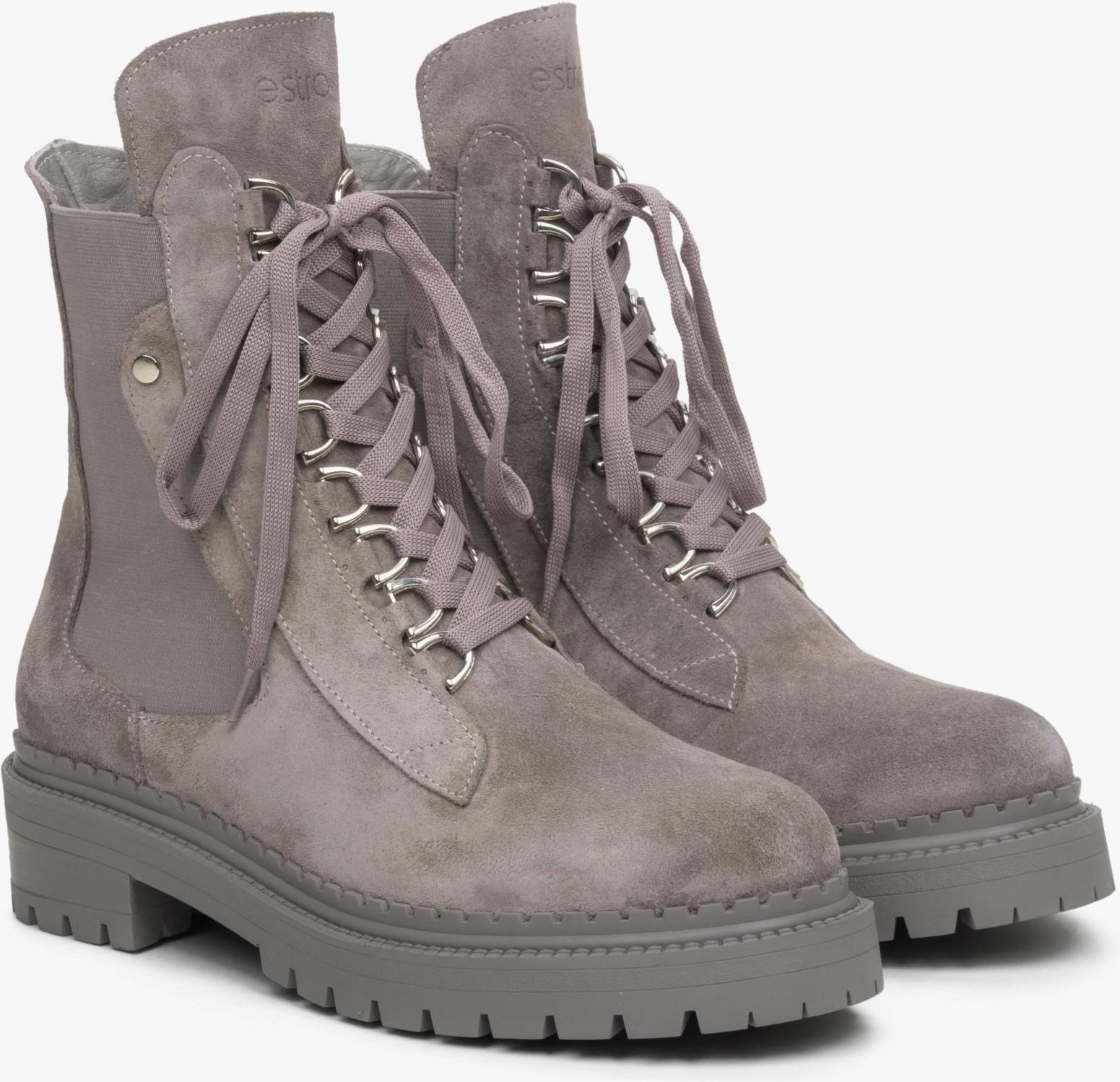 Szare sznurowane botki damskie z weluru naturalnego Estro ER00114044 ...