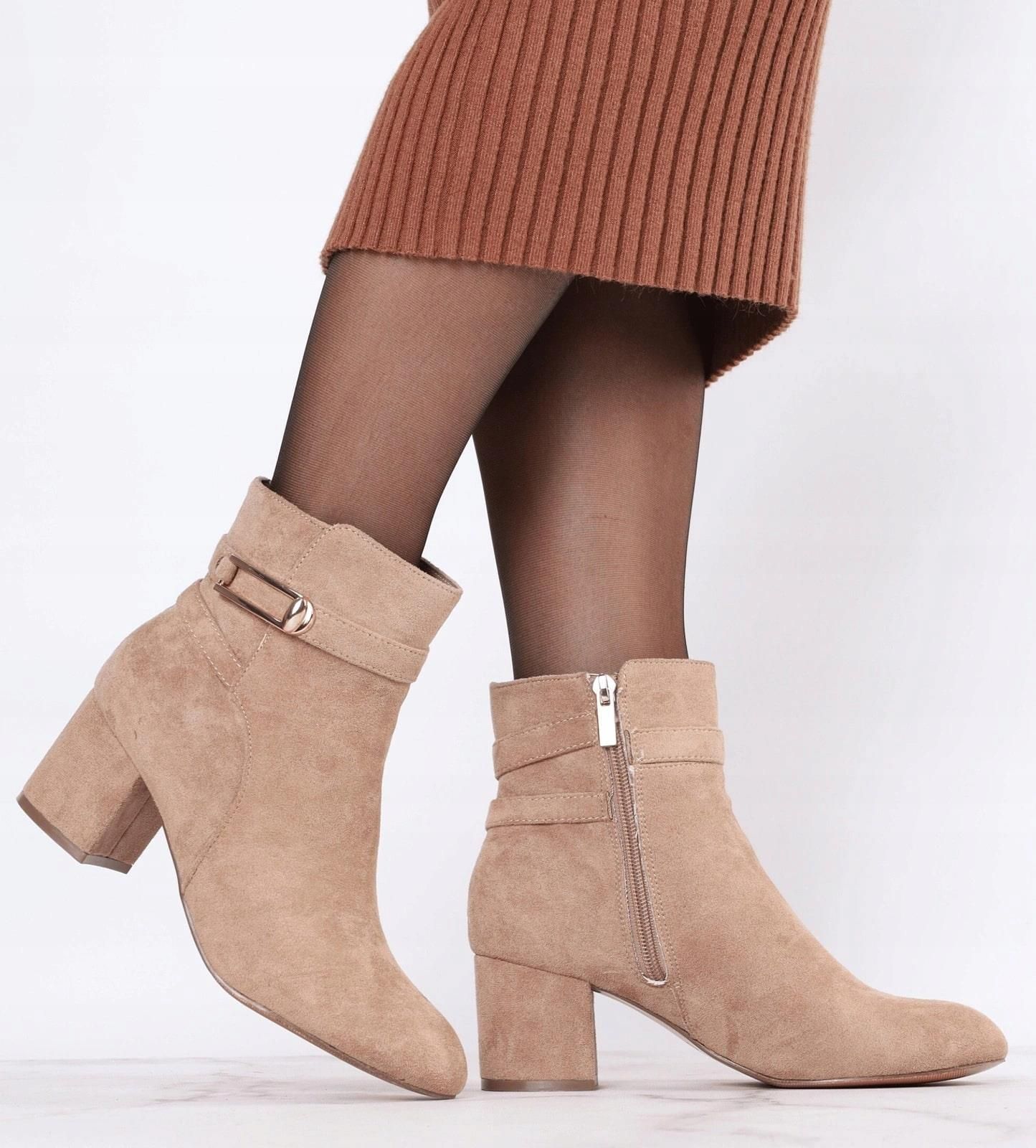 Botki Damskie Jezzi Buty Zimowe Ocieplane Zamszowe 23BT35-6425 Beżowy ...