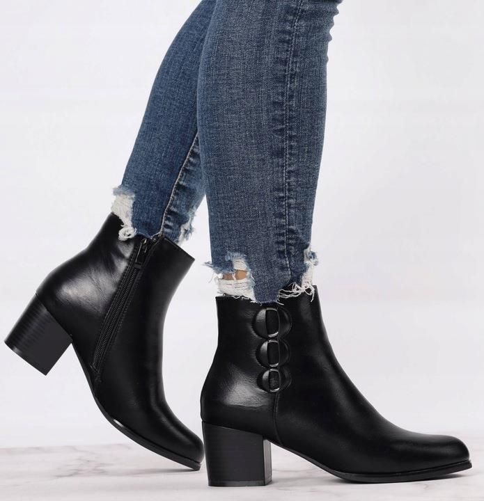 Botki Damskie Jezzi Czarne Obcas Klocek Ocieplane Buty Zimowe RMR2303-9 ...