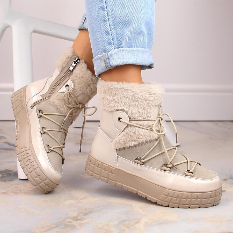 Skórzane botki damskie na platformie ocieplane beżowe Filippo DBT4716 ...