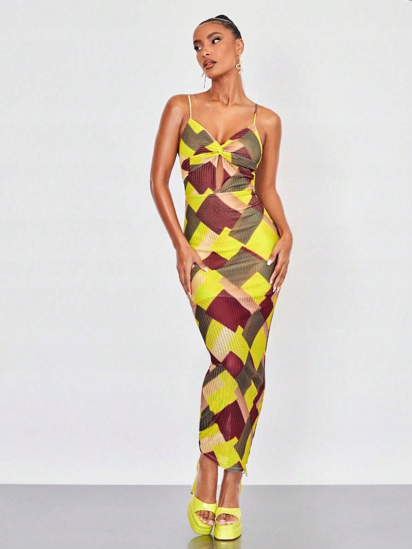 Shein Dopasowana Maxi Sukienka V-neck Splot Print Ramiączka I1U NF9__M ...