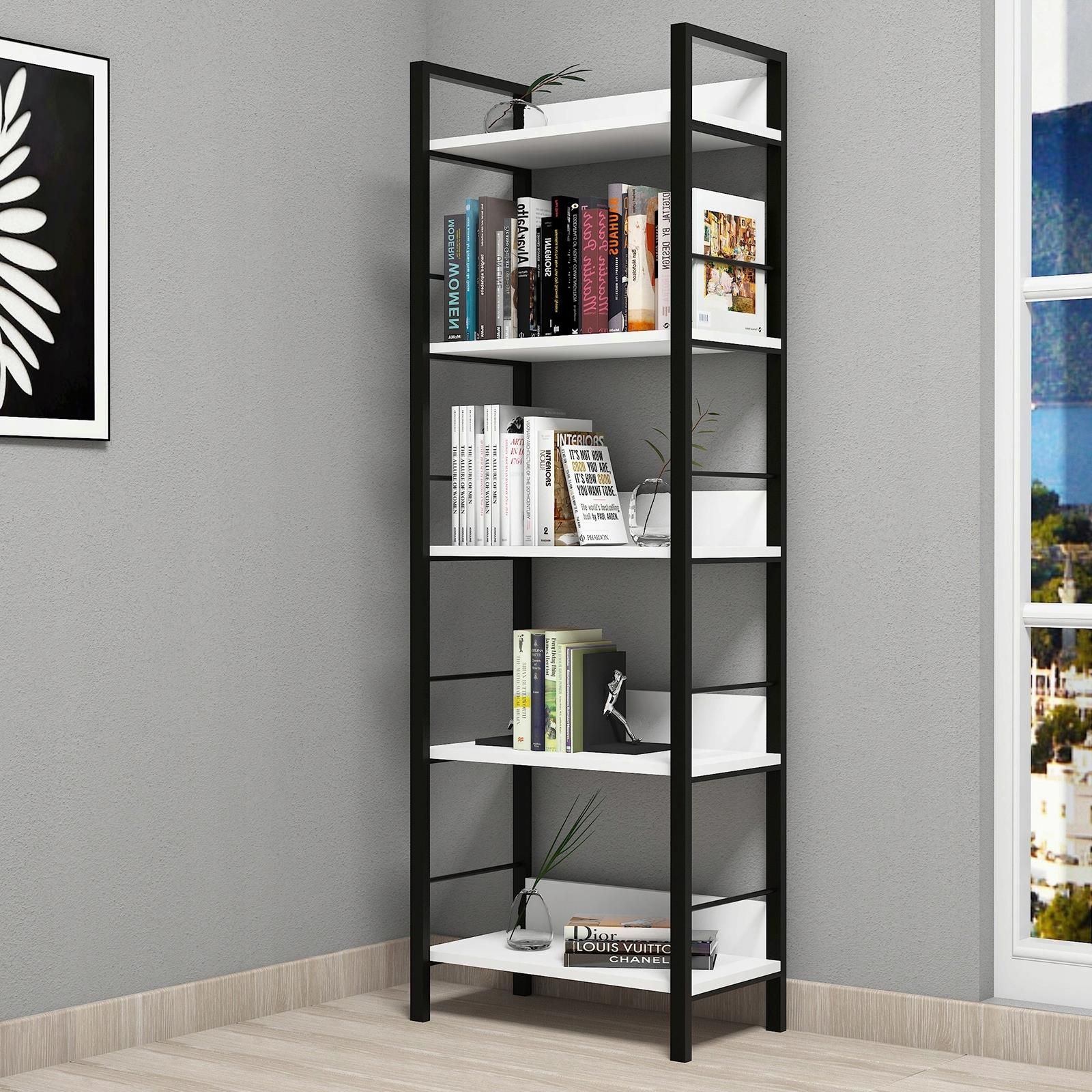 Regał Loft Industrialny Biały Na Książki 5 Półek 175Cm Nowoczesny Styl ...