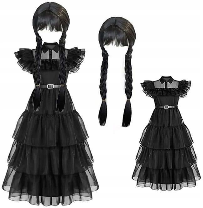 Zestaw Kostium Sukienka Peruka Wednesday Addams Rozmiar Xl 140 146 ...