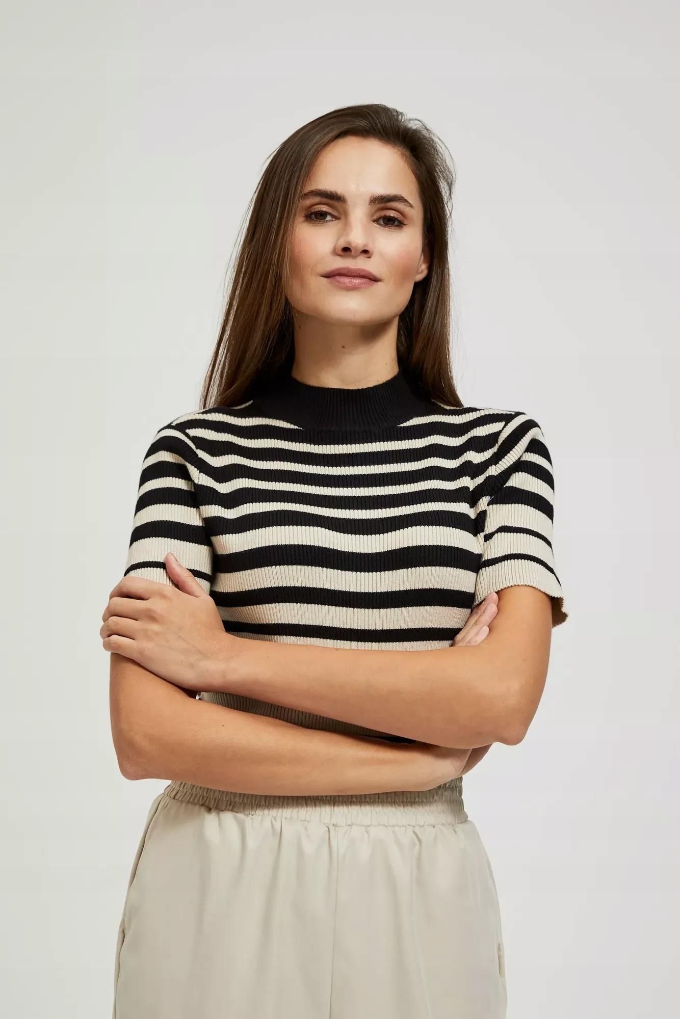 Sweter w paski z półgolfem i krótkimi rękawami czarny L od Moodo - Ceny ...