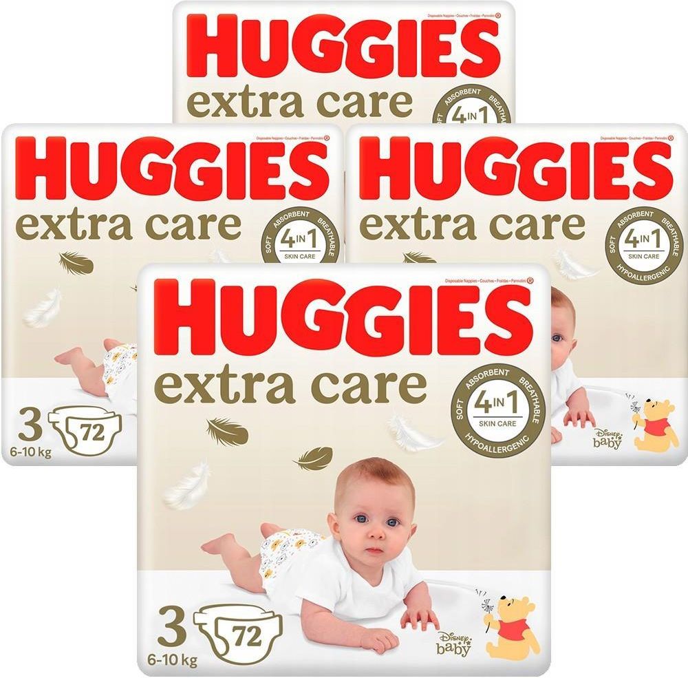 Pieluszki Huggies 3 extra care 6-10kg 288 szt. (zestaw 4x72) , 3 dla dzieci o wadze 6-10 kg ...
