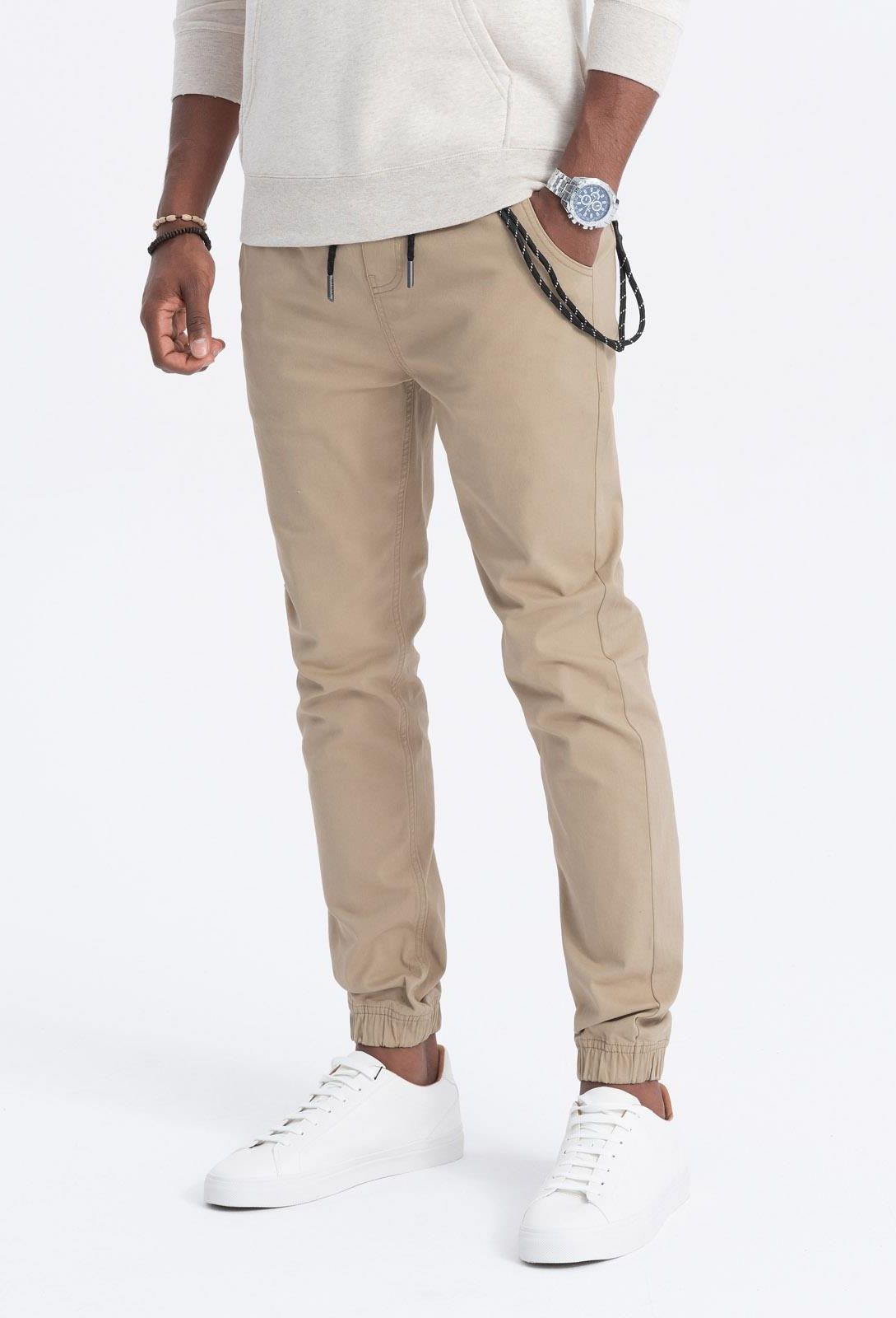 Spodnie męskie materiałowe Joggery z ozdobnym sznurkiem beżowe V5 P908 ...