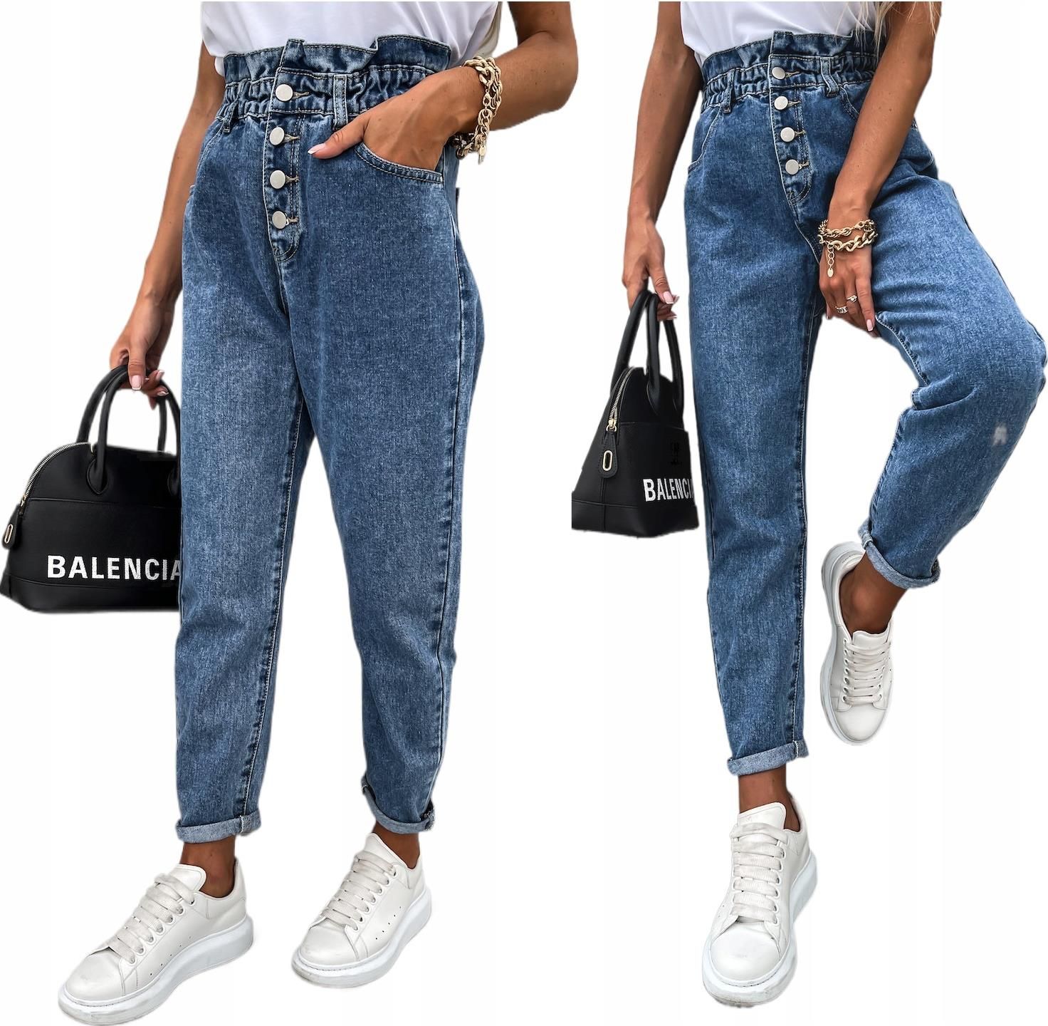 Modne Spodnie Damskie Jeansy Mom Fit Paperbag Niebieskie Xs - Ceny i ...