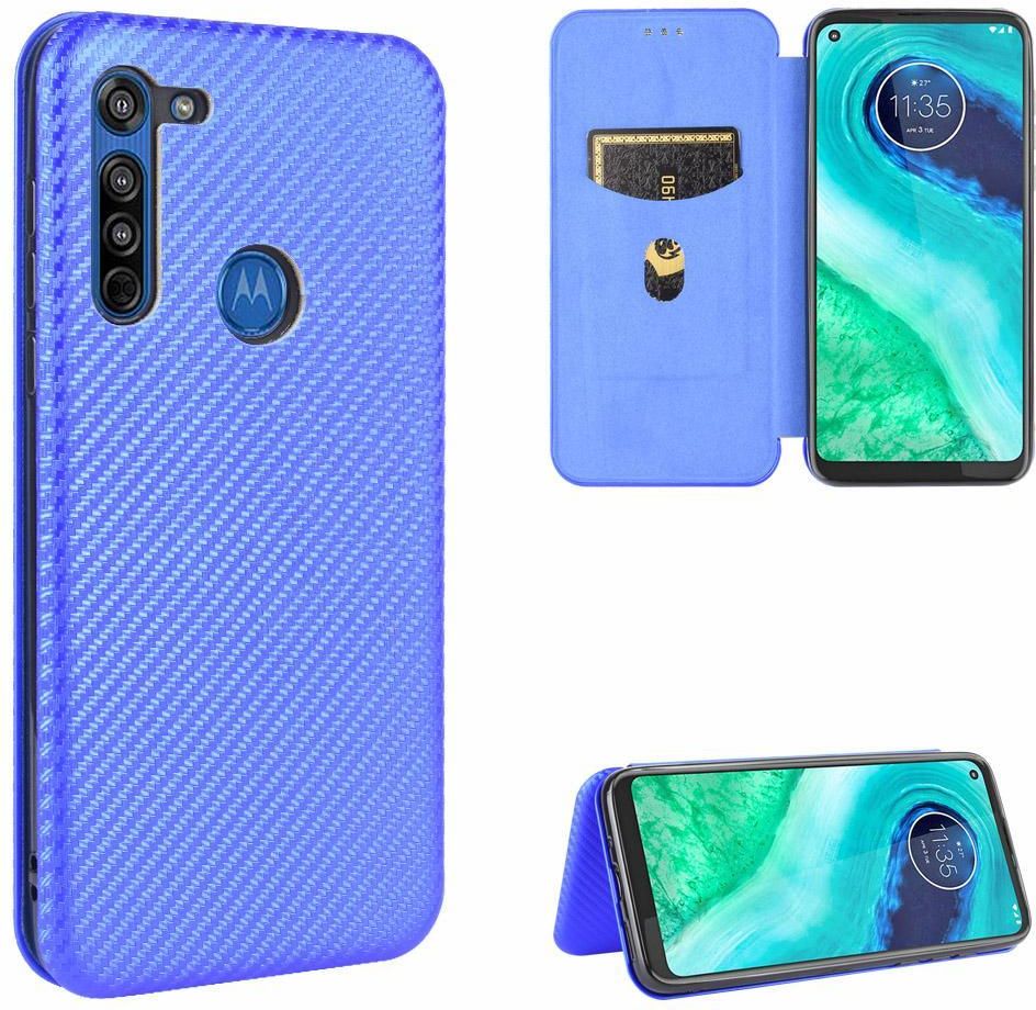 Case For Motorola Moto G8 Leather Folio Flip Case Magnetic Carbon Fiber ...