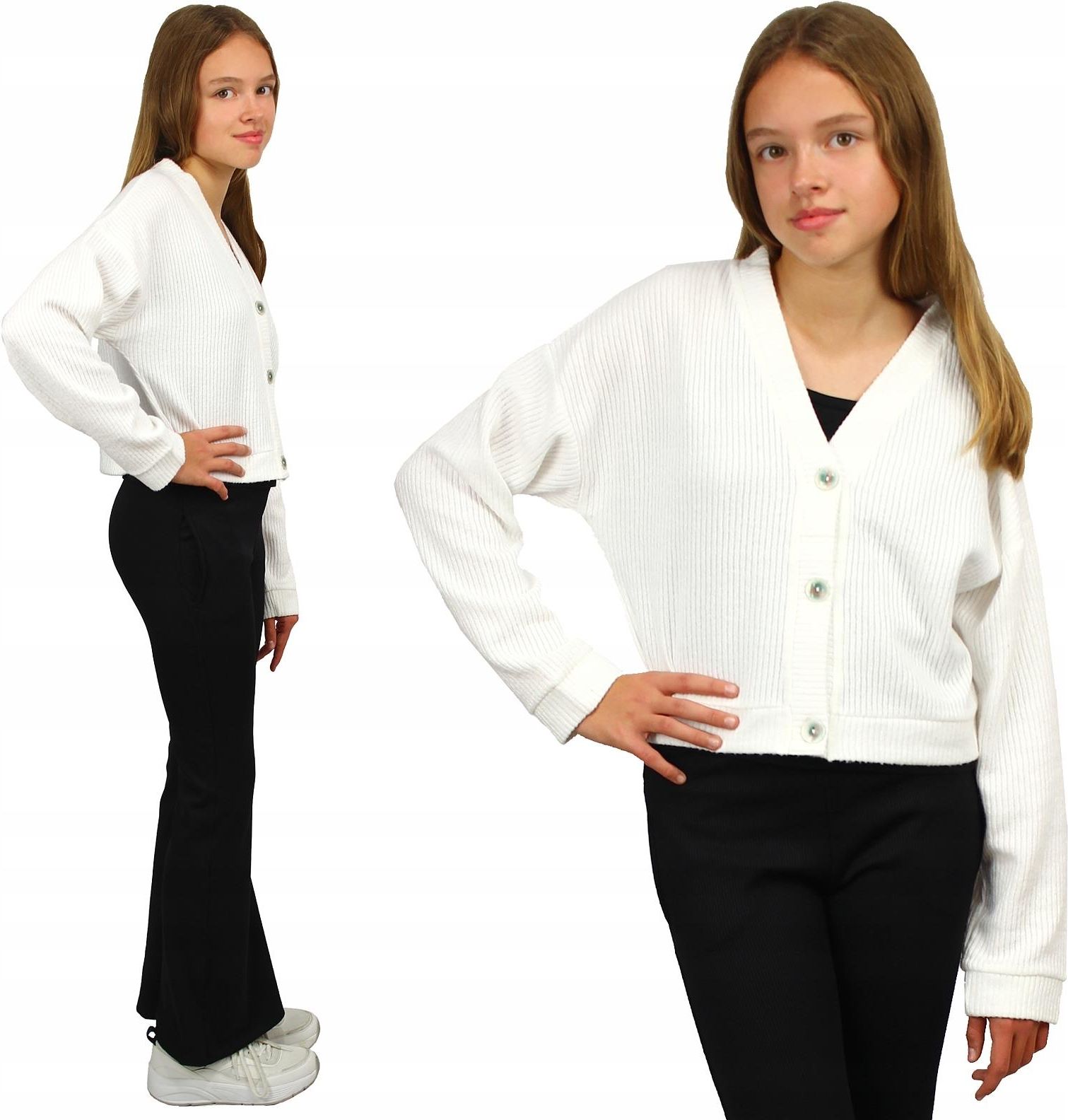 Sweter Rozpinany Ciepły Prążkowany Krótszy Miły Guziki Biały 146 - Ceny ...