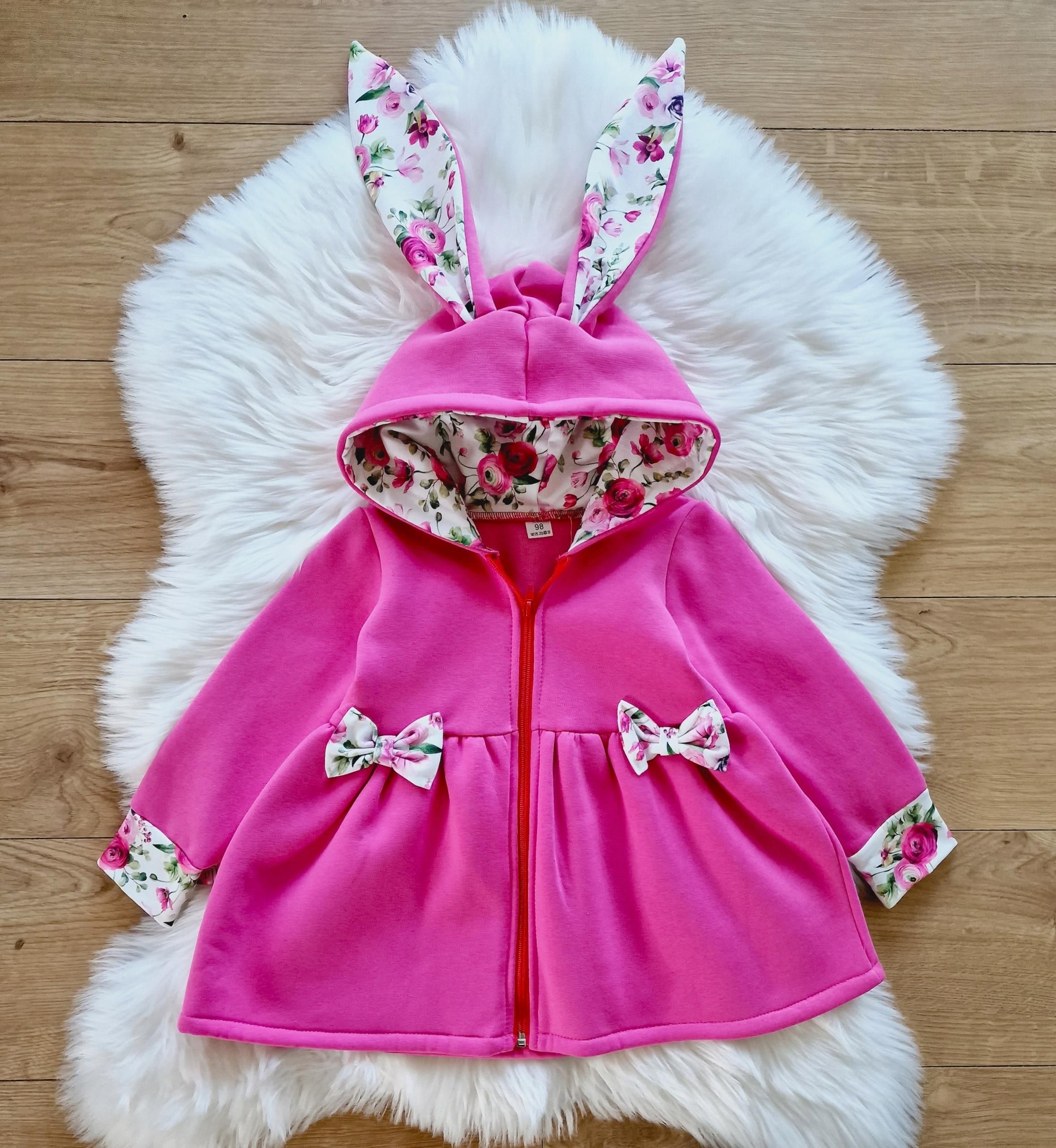 Płaszczyk Jesienny Różowy Fuksja 104 królik z uszkami Płaszcz W Kwiaty ...