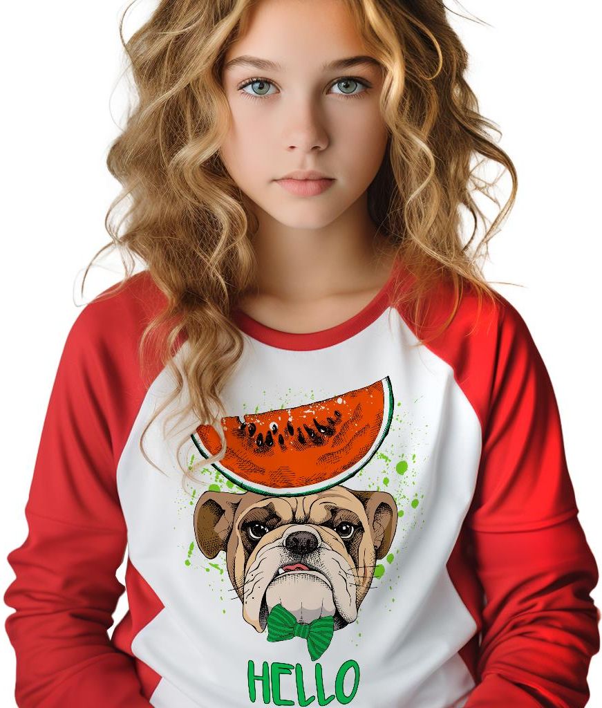 Piżama Dziecięca Czerwono-Biała Długa 152cm Arbuz Pies Hello Bulldog ...