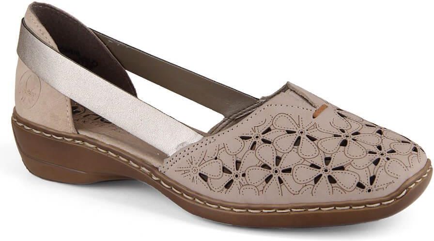 Skórzane komfortowe półbuty damskie letnie wsuwane beżowe Rieker 41356 ...