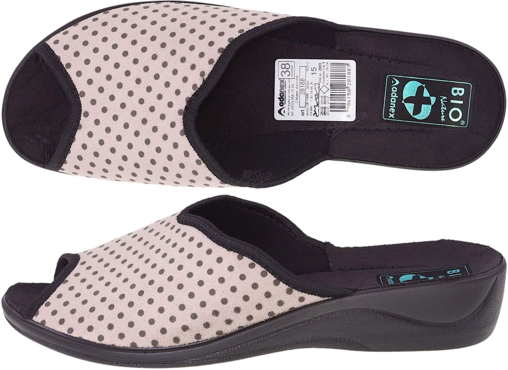 Pantofle Adanex 28188 klapki domowe odkryte obcas koturn beż groszki ...