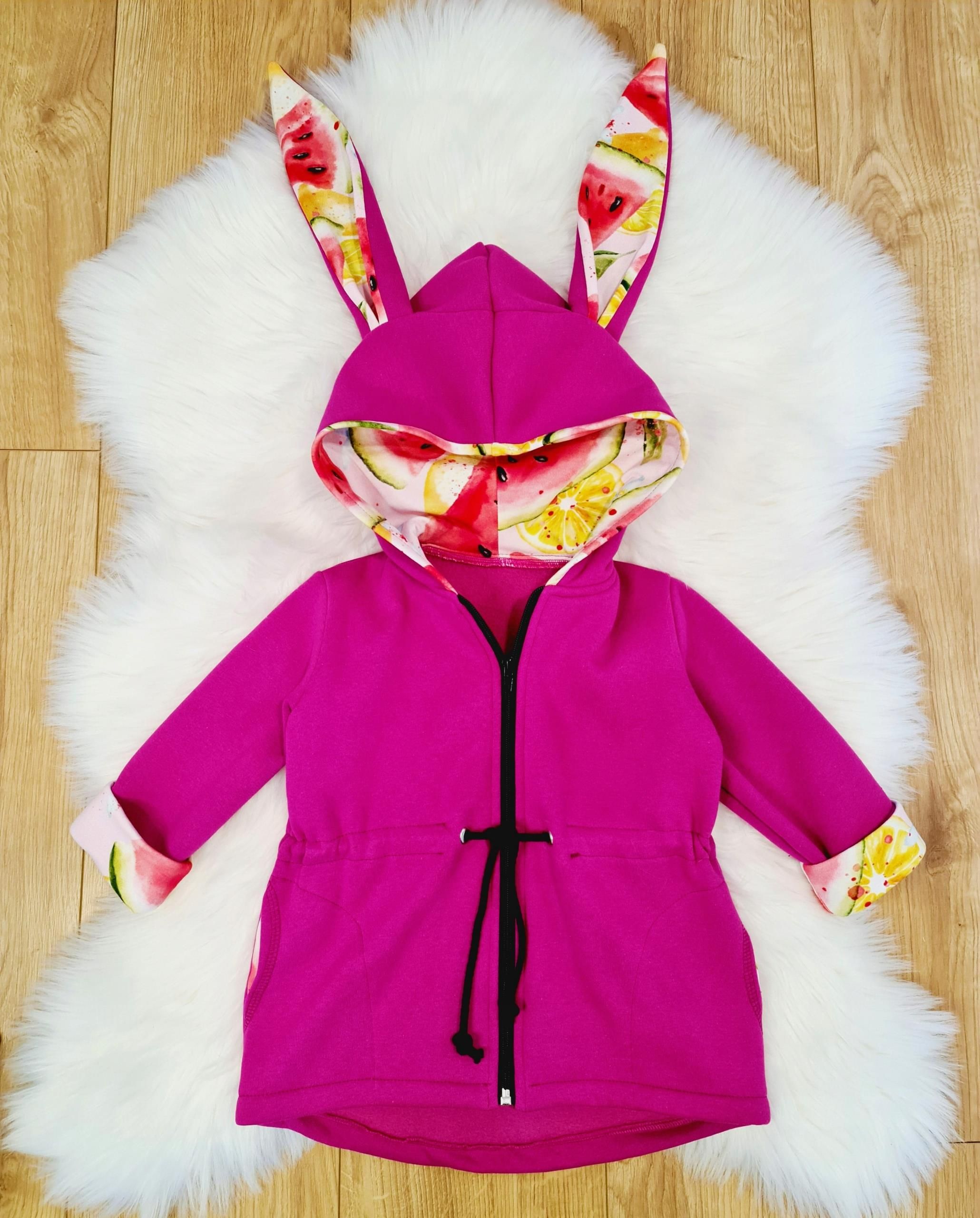 Różowy Fuksja płaszczyk 98/104 królik uszka kwiaty - Ceny i opinie ...