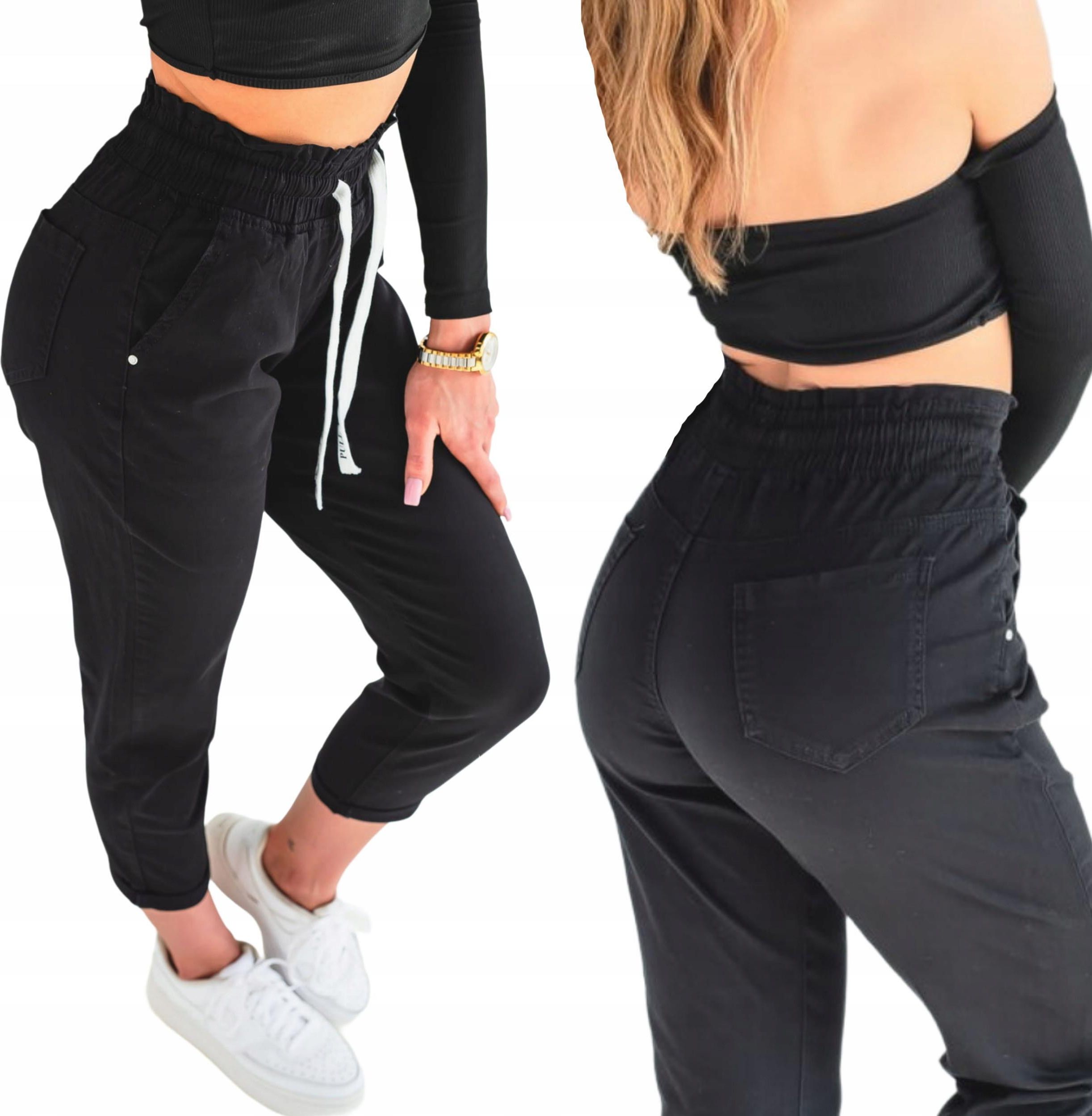 Czarne jeansowe spodnie podwijane joggery damskie guma w pasie XL ...
