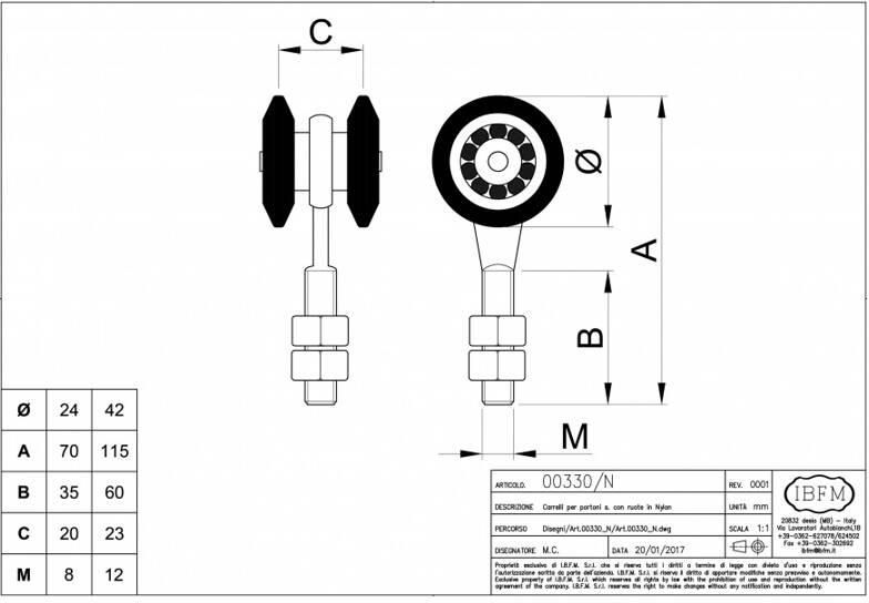 Wózek 2-kołowy IBFM do szyny nośnej 33x34 mm typ 330N z trzpieniem ...