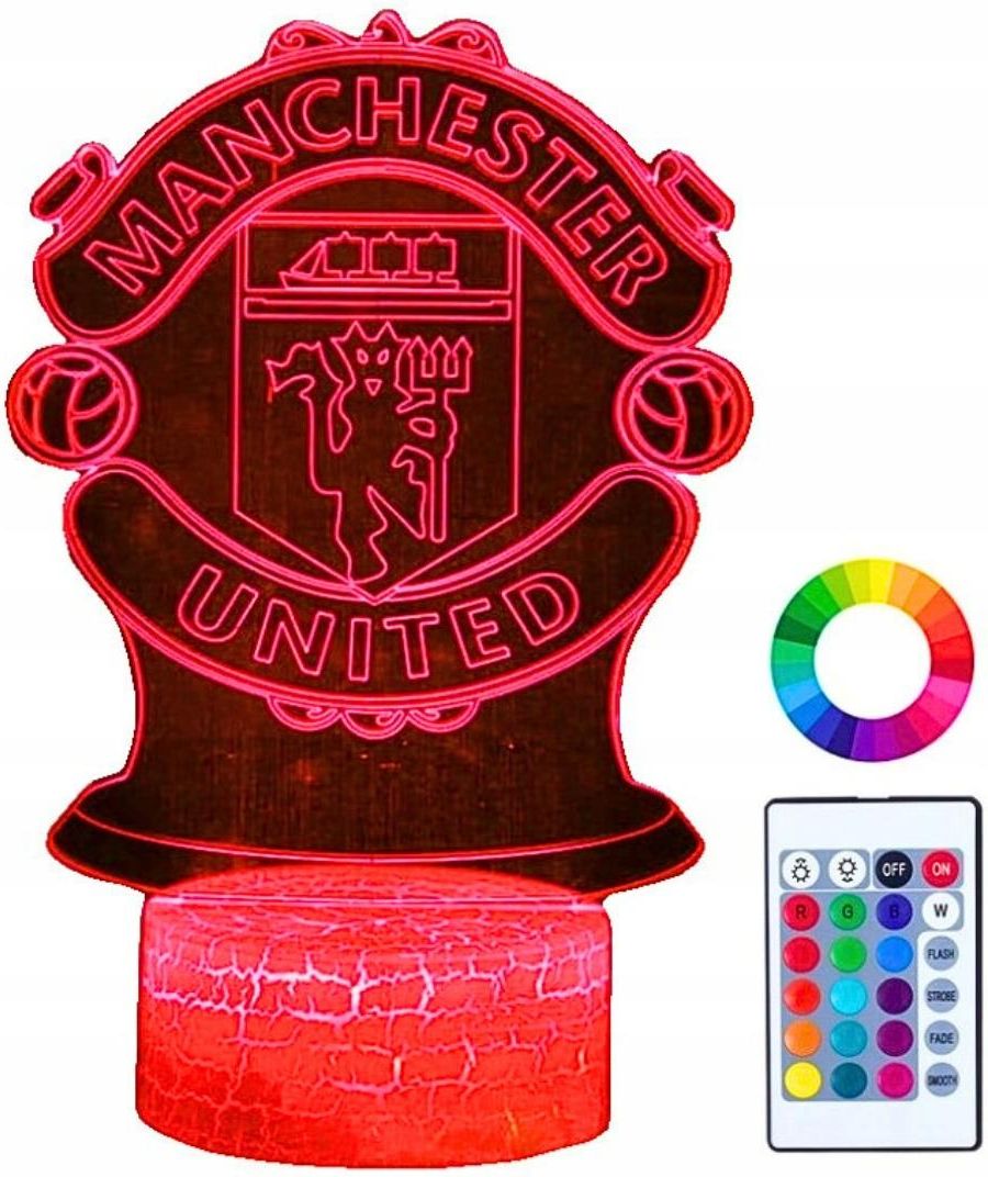 Lampka Nocna Biurkowa dla Dzieci Manchester United Herb 16 Led 3D Pilot ...