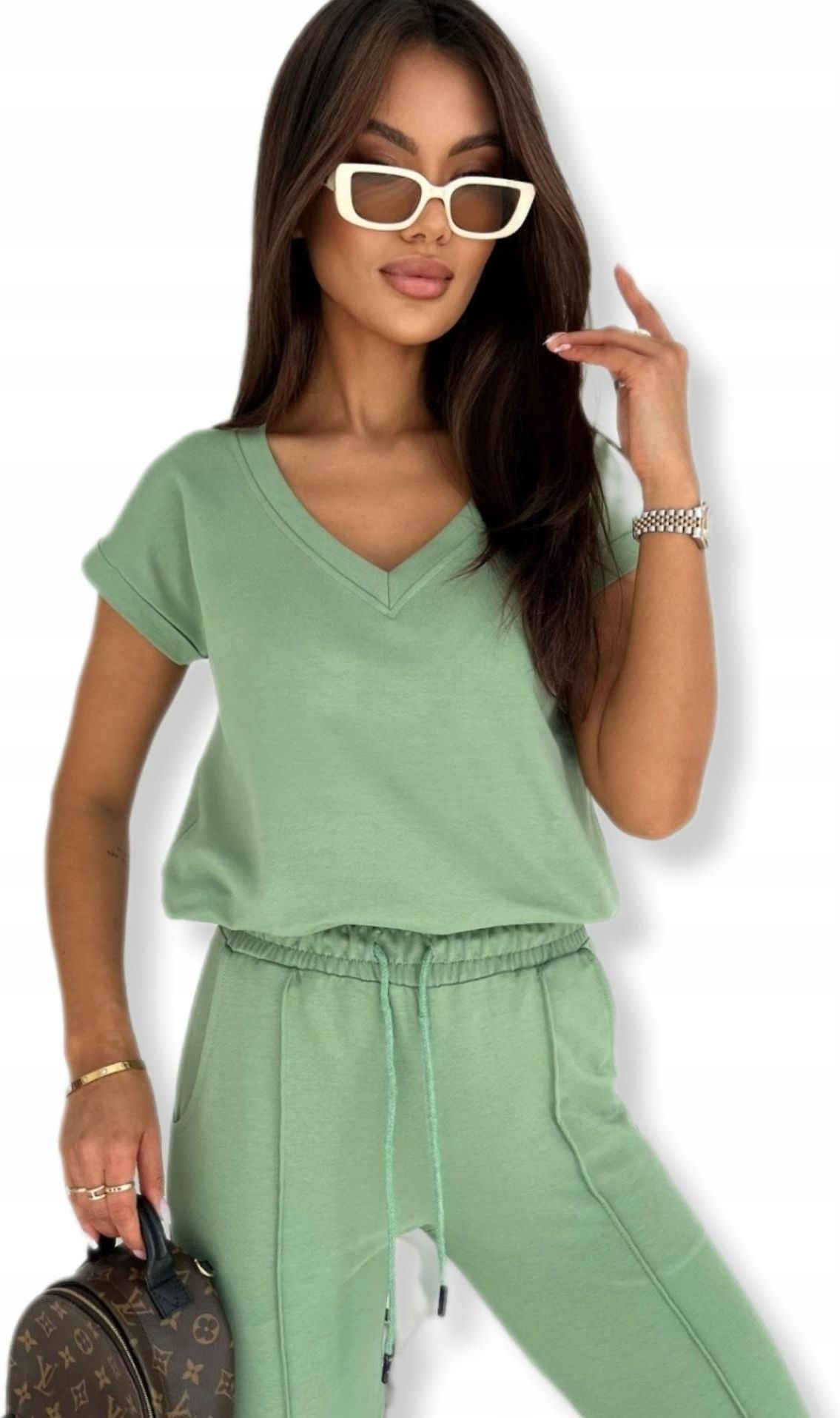 Komplet Dresowy Damski Letni Cienki Krótki Rękaw Polski Premium Khaki M ...