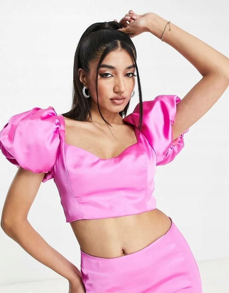 Miss Selfridge Różowy Satynowy Crop Top Bufki 5N9 NH8__S - Ceny i opinie - Ceneo.pl