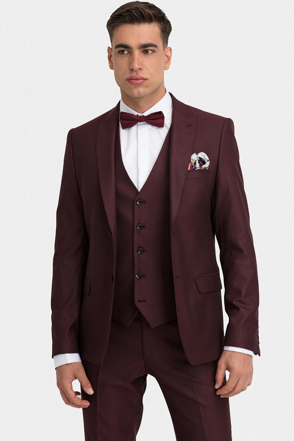 Bordowy garnitur męski w pepitkę trzyczęściowy rozmiar 182-104-92 ...