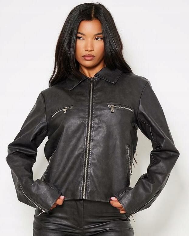 Prettylittlething Szara Kurtka Ekoskóra Kołnierz Zip Dyk NG4__XL - Ceny ...