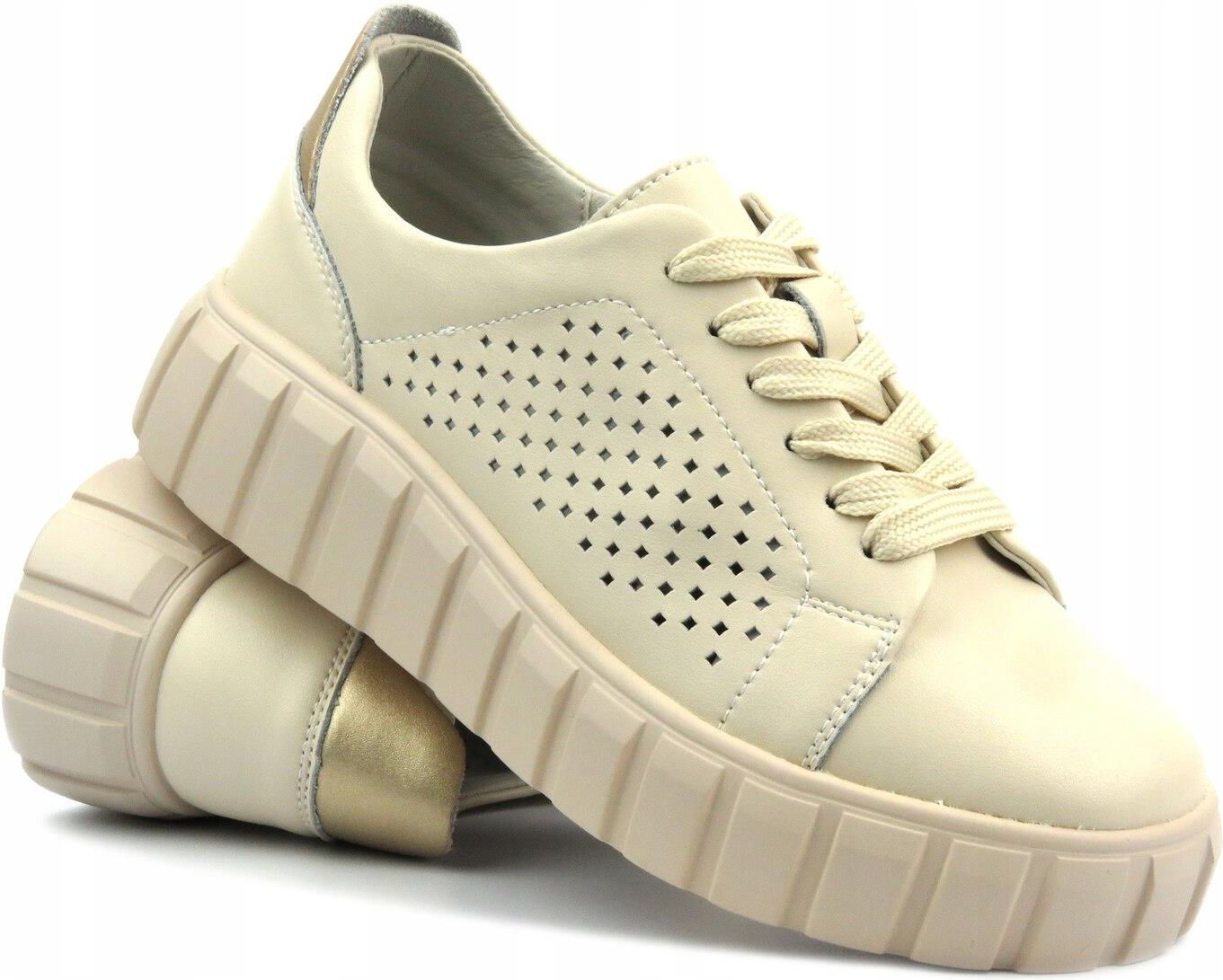 Buty Damskie Sportowe Sokolski W24-46 Beżowe Skórzane Ażurowe Platforma ...