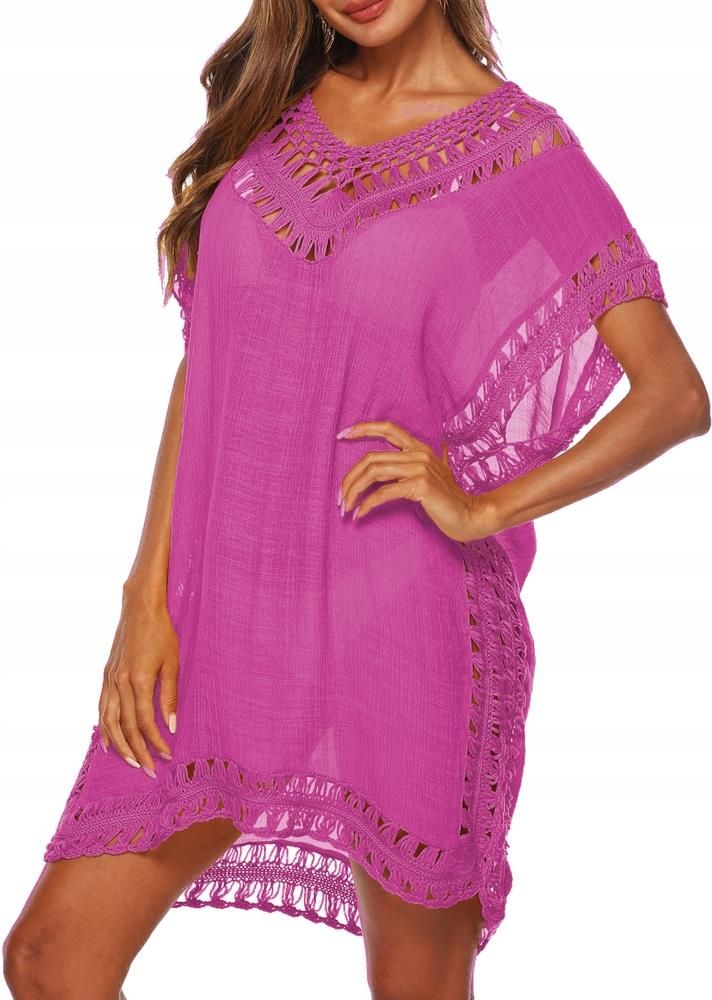 Damska Tunika Plażowa Modna Narzutka Lekkie Letnie Pareo Boho Róż ...