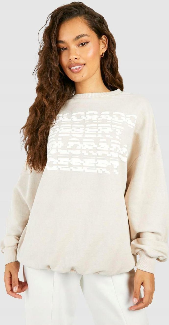 Boohoo Beżowa Bluza Oversize Okrągły Dekolt Nadruk 7W2 NG2__M - Ceny i opinie - Ceneo.pl