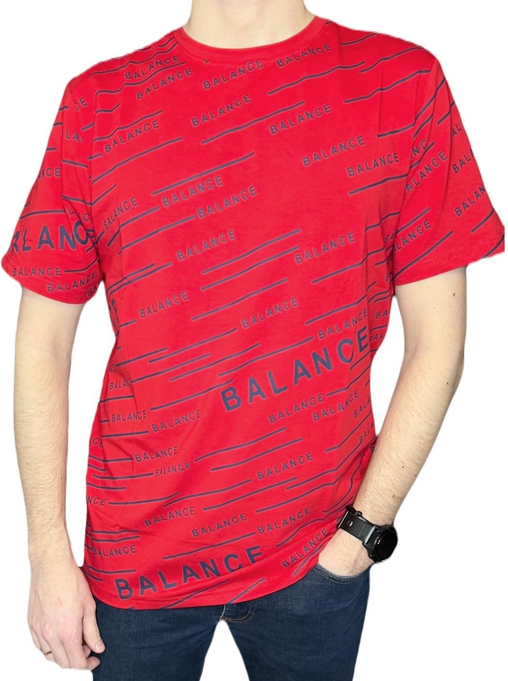 T-shirt męski czerwony okrągły dekolt napis granatowy balance XL - Ceny ...