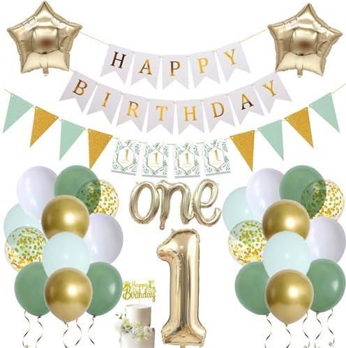 Ohighing 1 Rok Dekoracja Urodzinowa Zielony Biały Złoty Balon Foliowy ...
