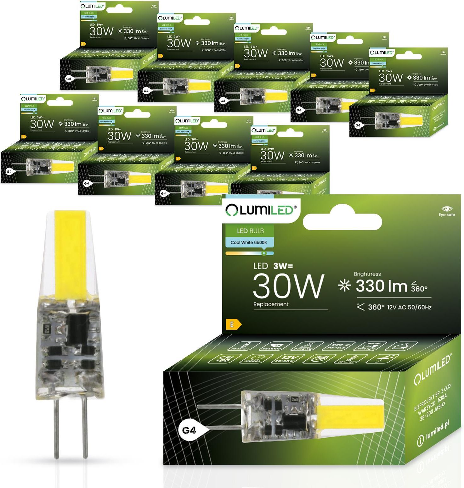 LUMILED Żarówki LED G4 zestaw 10 żarówek 3W = 30W 6500K chłodna biel 330lm 360° 12V AC/DC mini ...