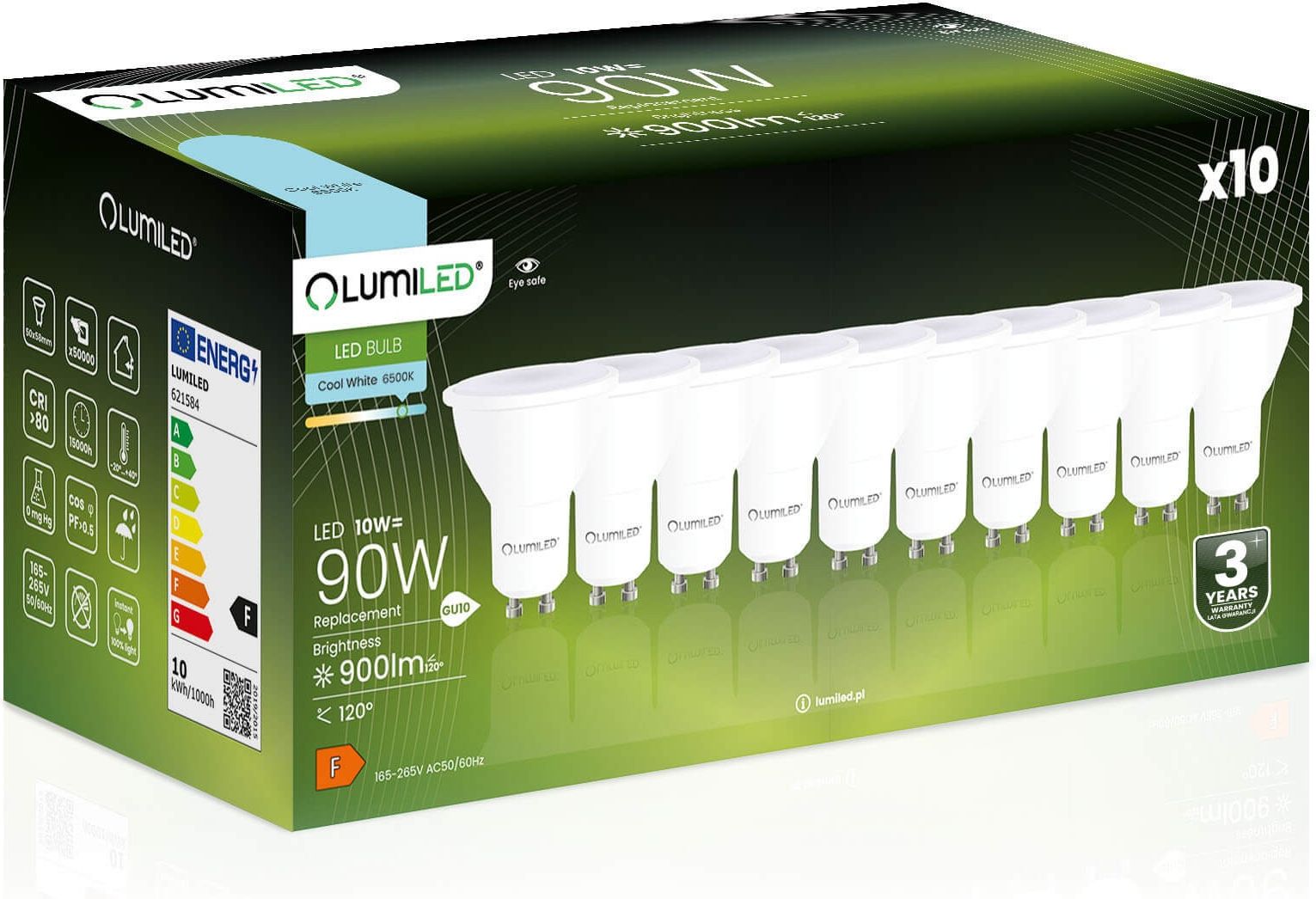 LUMILED GU10 LED 10W 900 lumenów żarówka 6500K chłodna biel reflektor ...