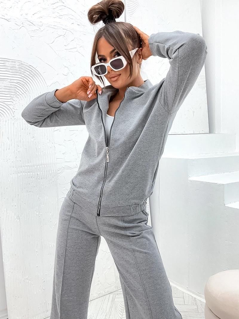 Komplet damski szerokie spodnie i bluza bomberka szary melanż (82105 ...