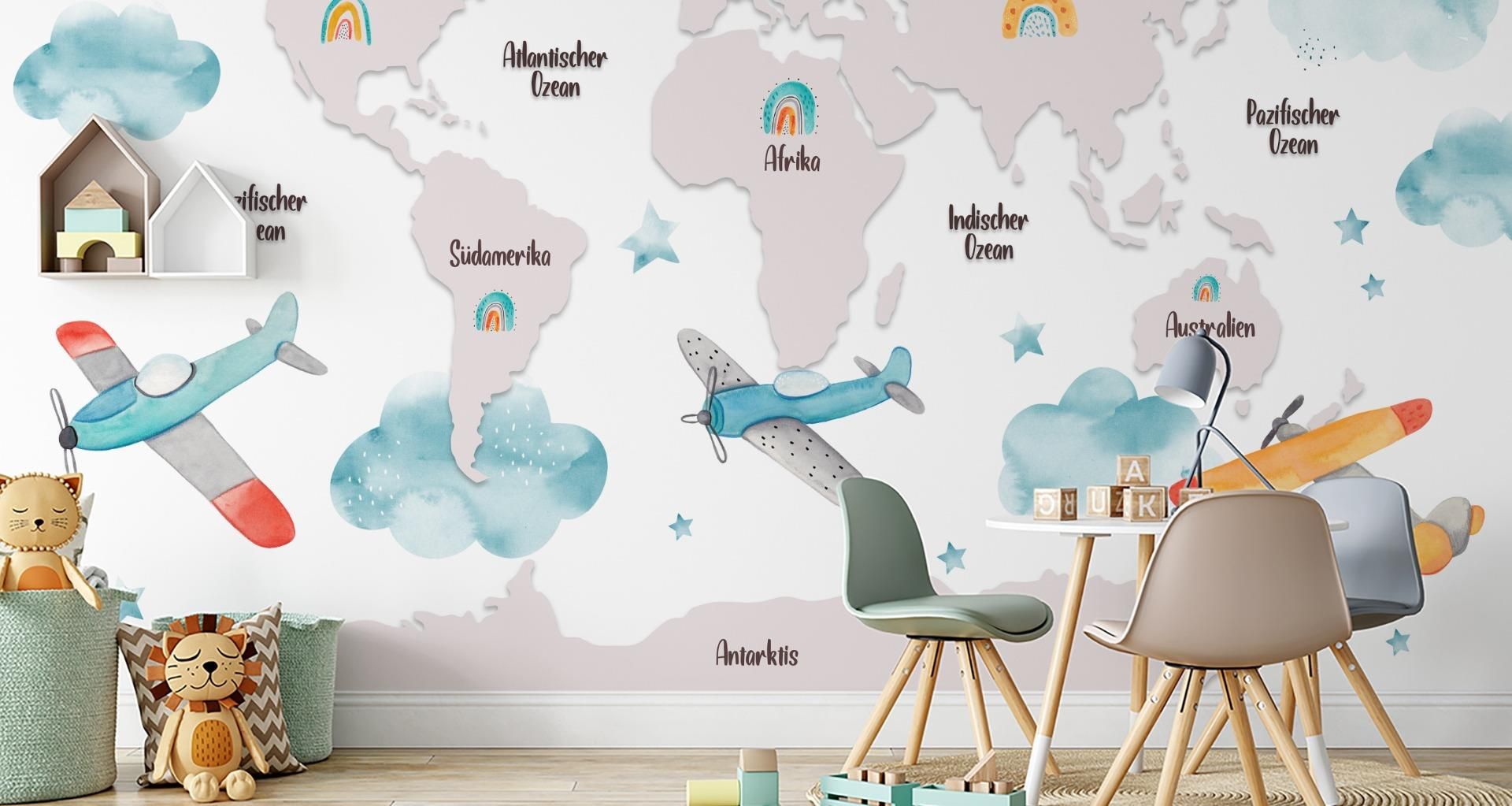 Muralo Fototapeta Mapa Świata Kolorowa Dekoracja Do Pokoju Dziecka 3D Samoloty 208x146cm ...
