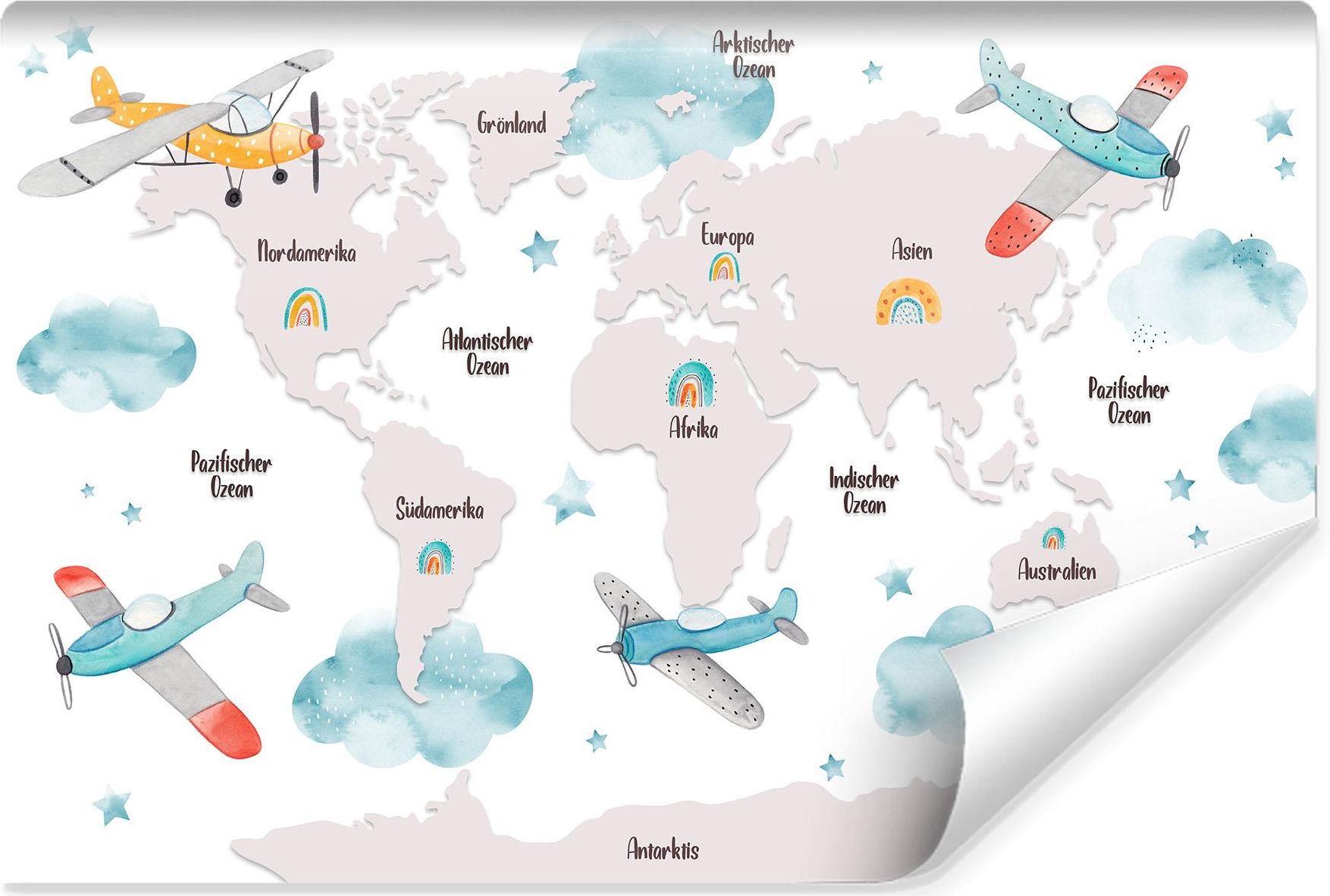 Muralo Fototapeta Mapa Świata Kolorowa Dekoracja Do Pokoju Dziecka 3D Samoloty 208x146cm ...